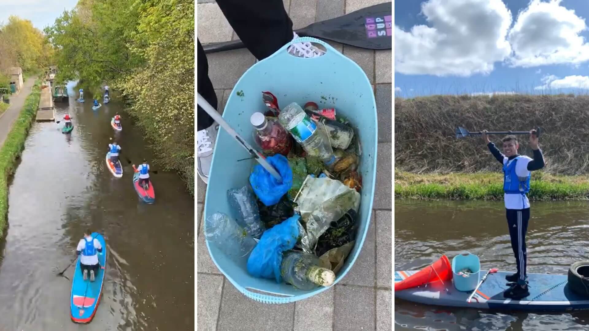 Video shows countless volunteers cleaning up litter with kayaks
