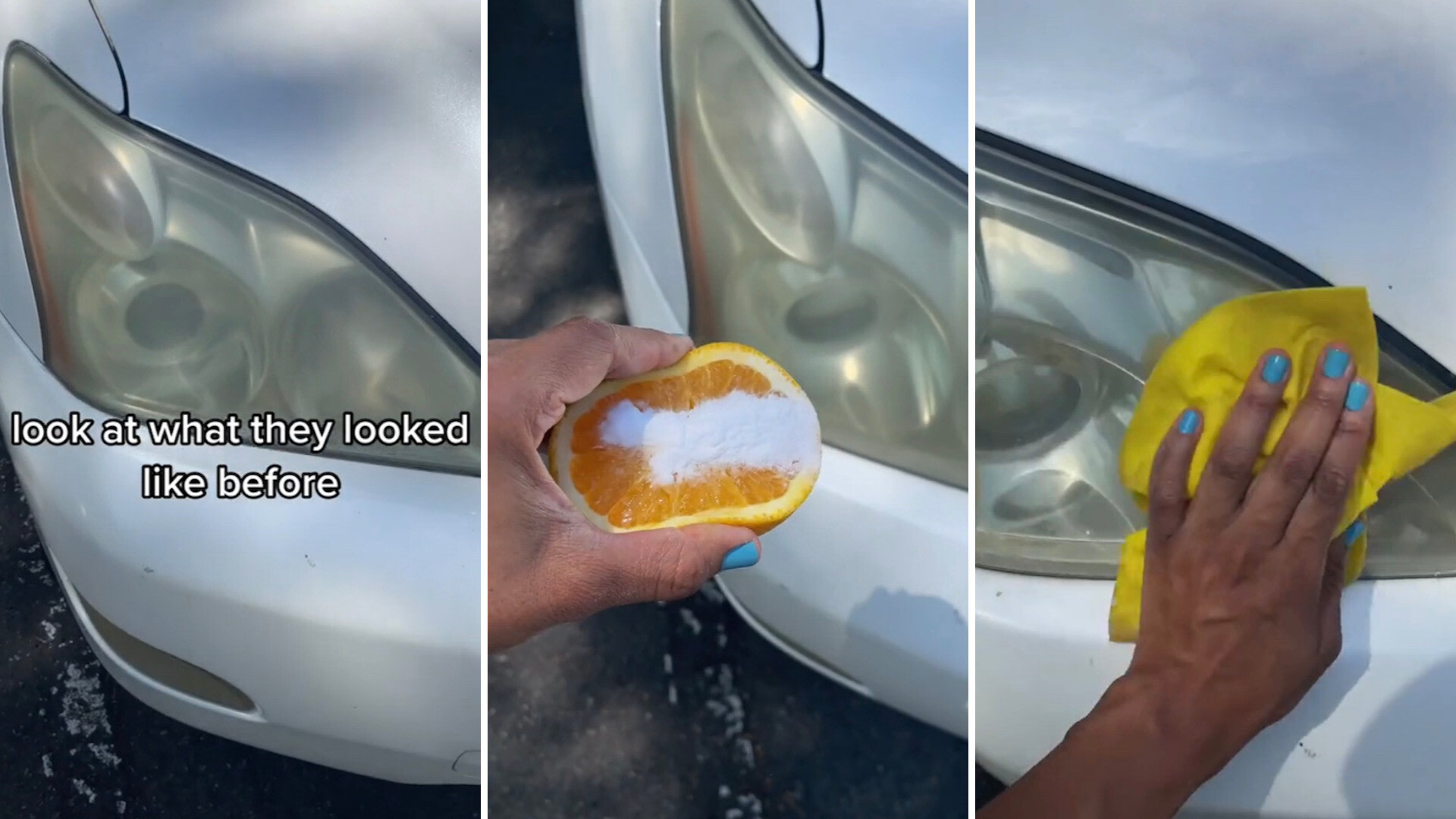 Woman demonstrates simple cleaning tip for defogging headlights at home ...